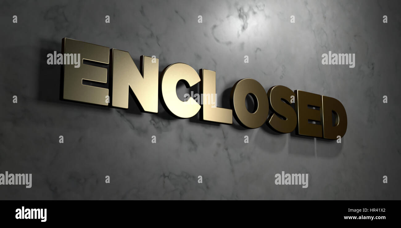 Enclosed - Gold sign mounted on glossy marble wall - 3D rendered ...