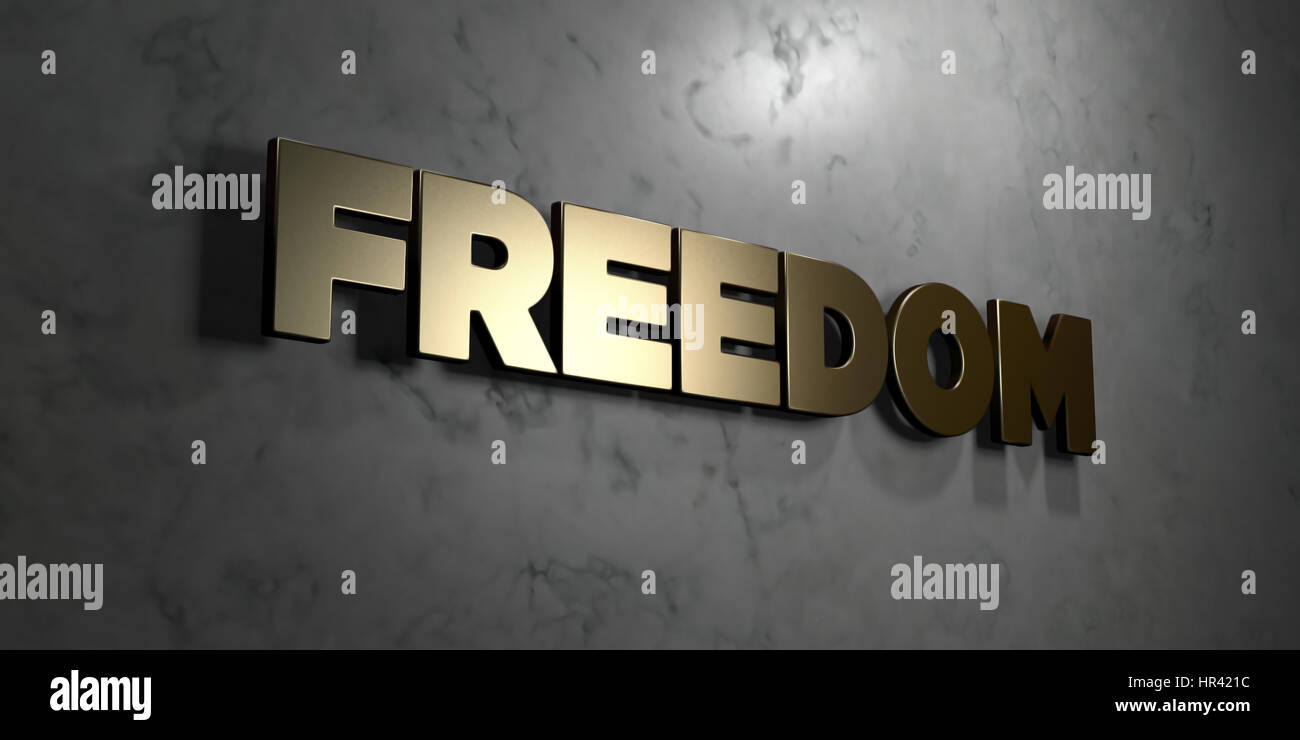Freedom - Gold sign mounted on glossy marble wall - 3D rendered royalty ...