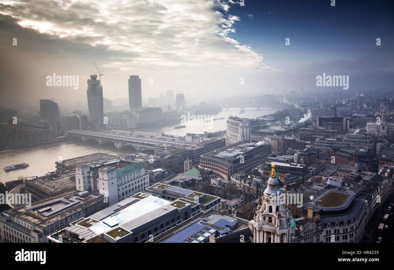 rooftop view over London on a foggy day from St Paul's cathedral, UK ...