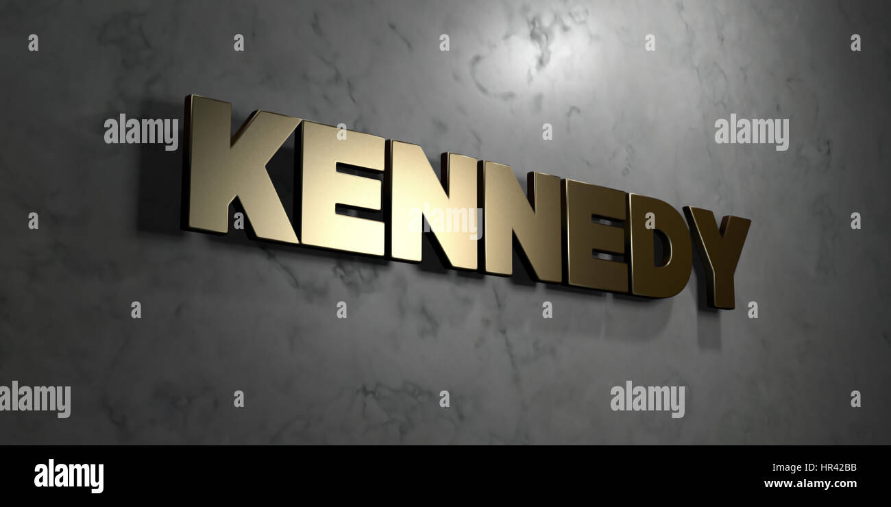 Kennedy - Gold sign mounted on glossy marble wall - 3D rendered royalty ...