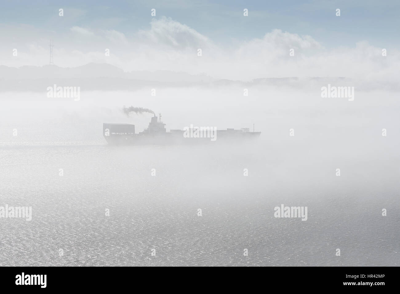 Cargo Ship Leaving San Francisco In Thick Fog, California, USA Stock ...
