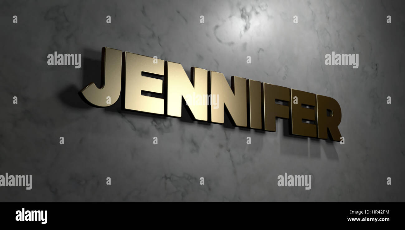 Jennifer - Gold sign mounted on glossy marble wall - 3D rendered ...