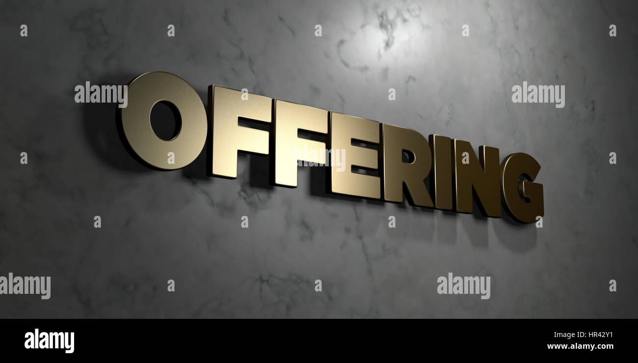 Offering - Gold sign mounted on glossy marble wall - 3D rendered ...