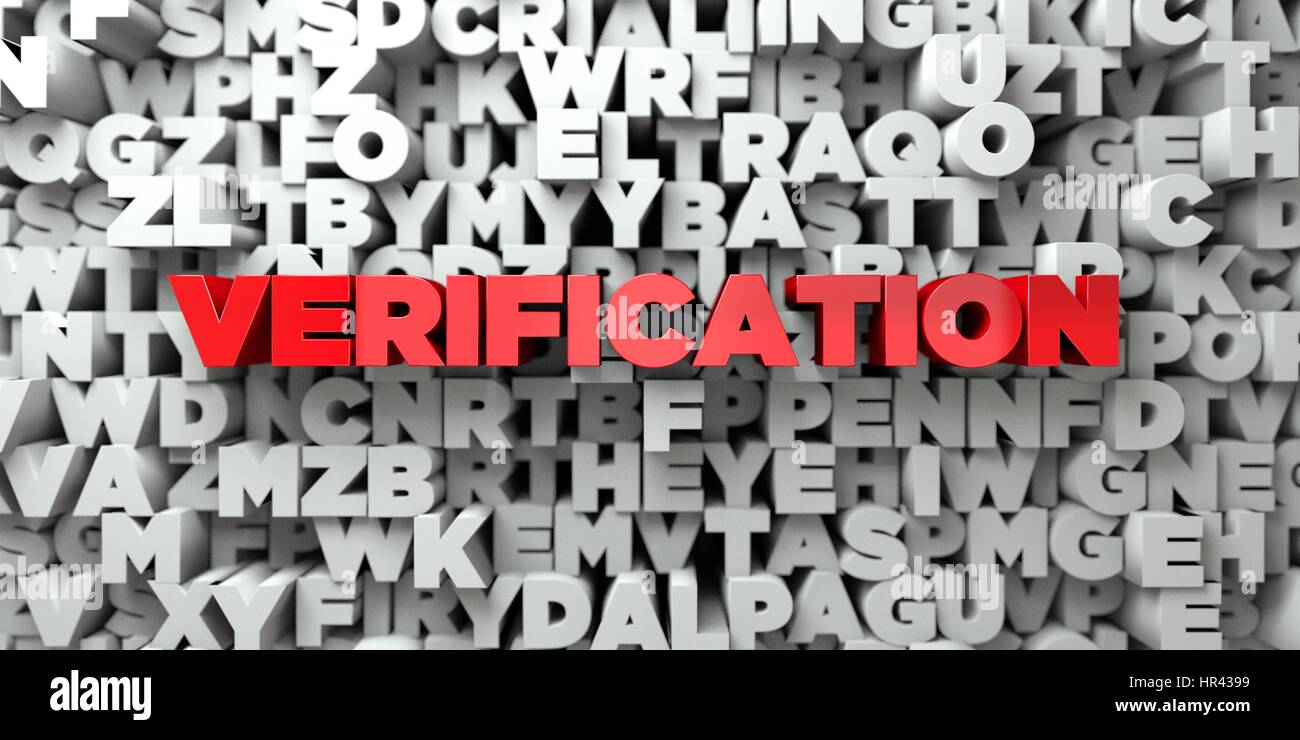 VERIFICATION - Red text on typography background - 3D rendered royalty ...