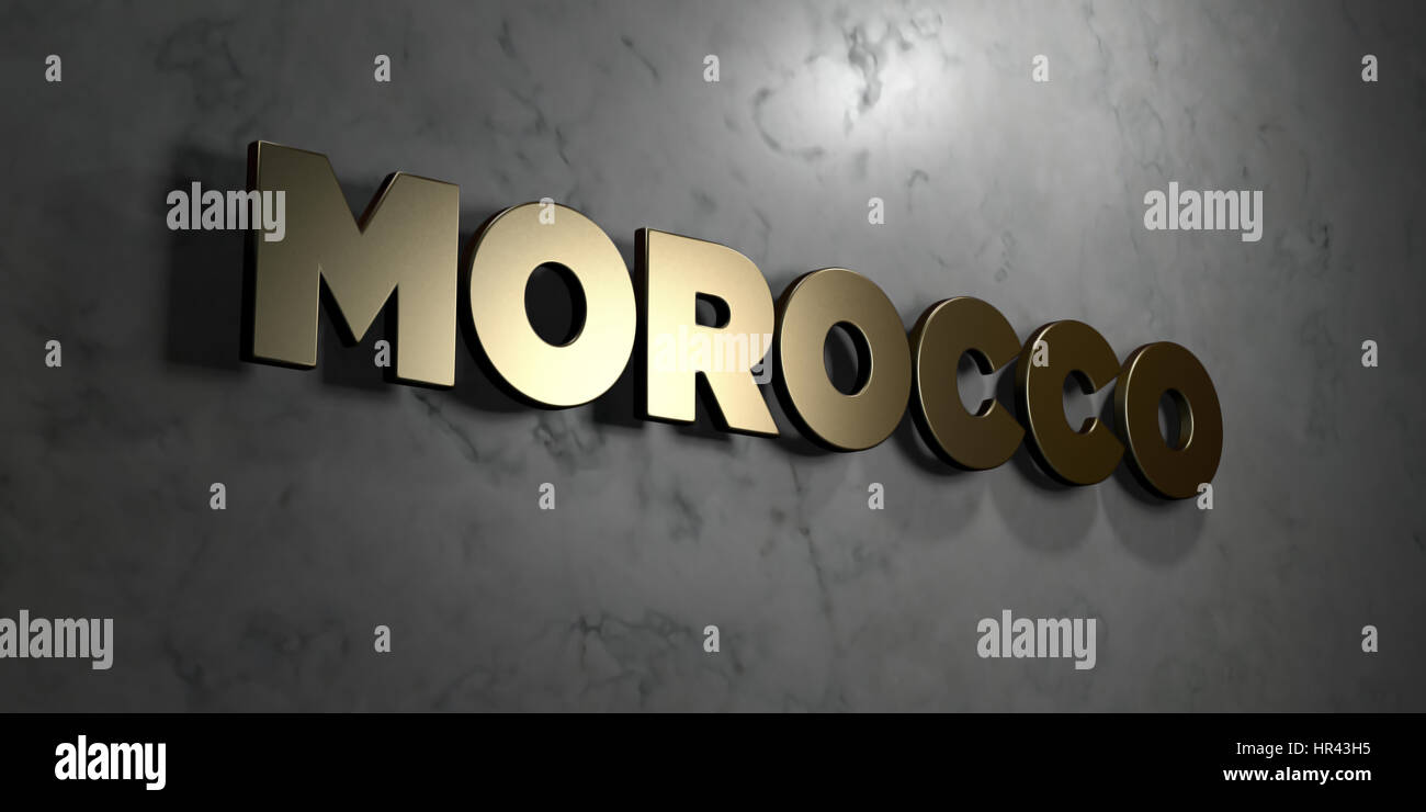 Morocco - Gold sign mounted on glossy marble wall - 3D rendered royalty ...