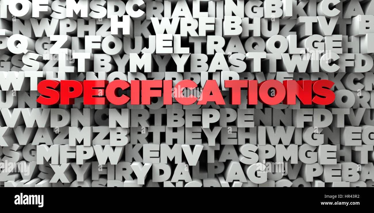 SPECIFICATIONS - Red text on typography background - 3D rendered ...
