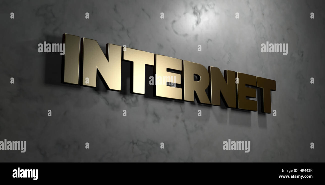 Internet - Gold sign mounted on glossy marble wall - 3D rendered ...