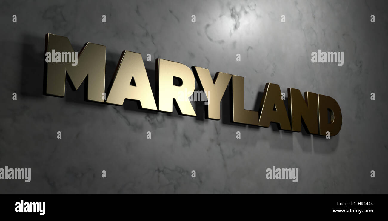 Maryland - Gold sign mounted on glossy marble wall - 3D rendered ...