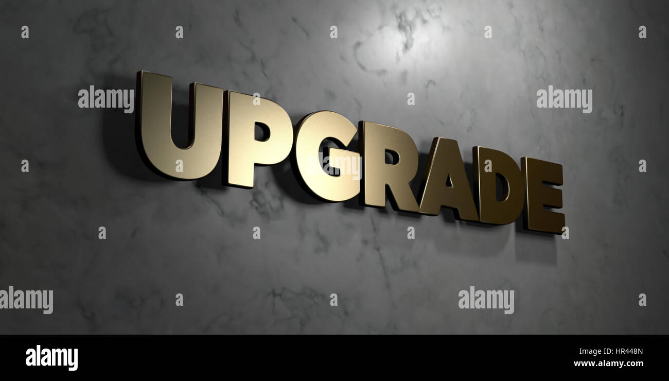 Upgrade - Gold sign mounted on glossy marble wall - 3D rendered royalty ...