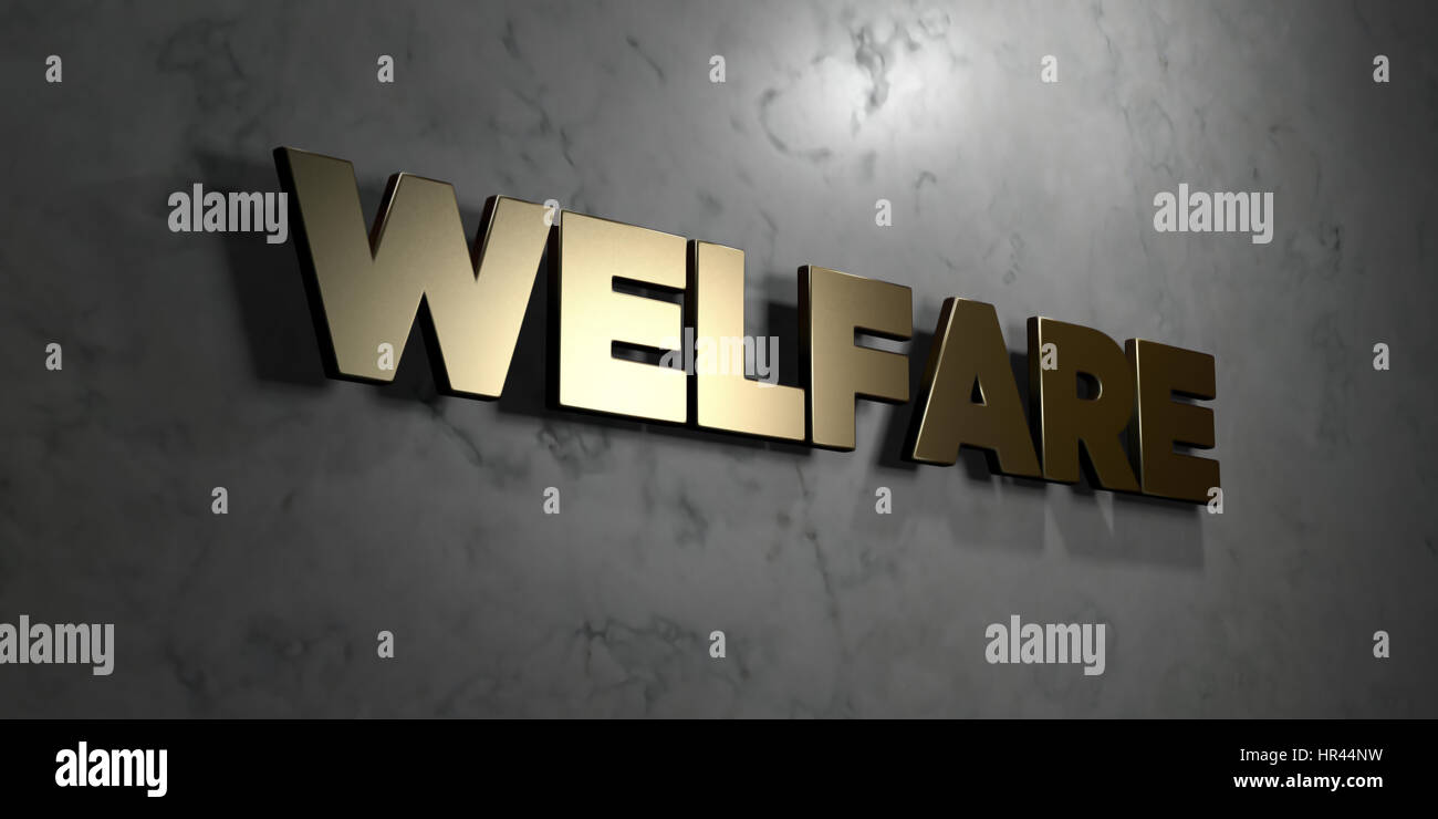 Welfare - Gold sign mounted on glossy marble wall - 3D rendered royalty ...
