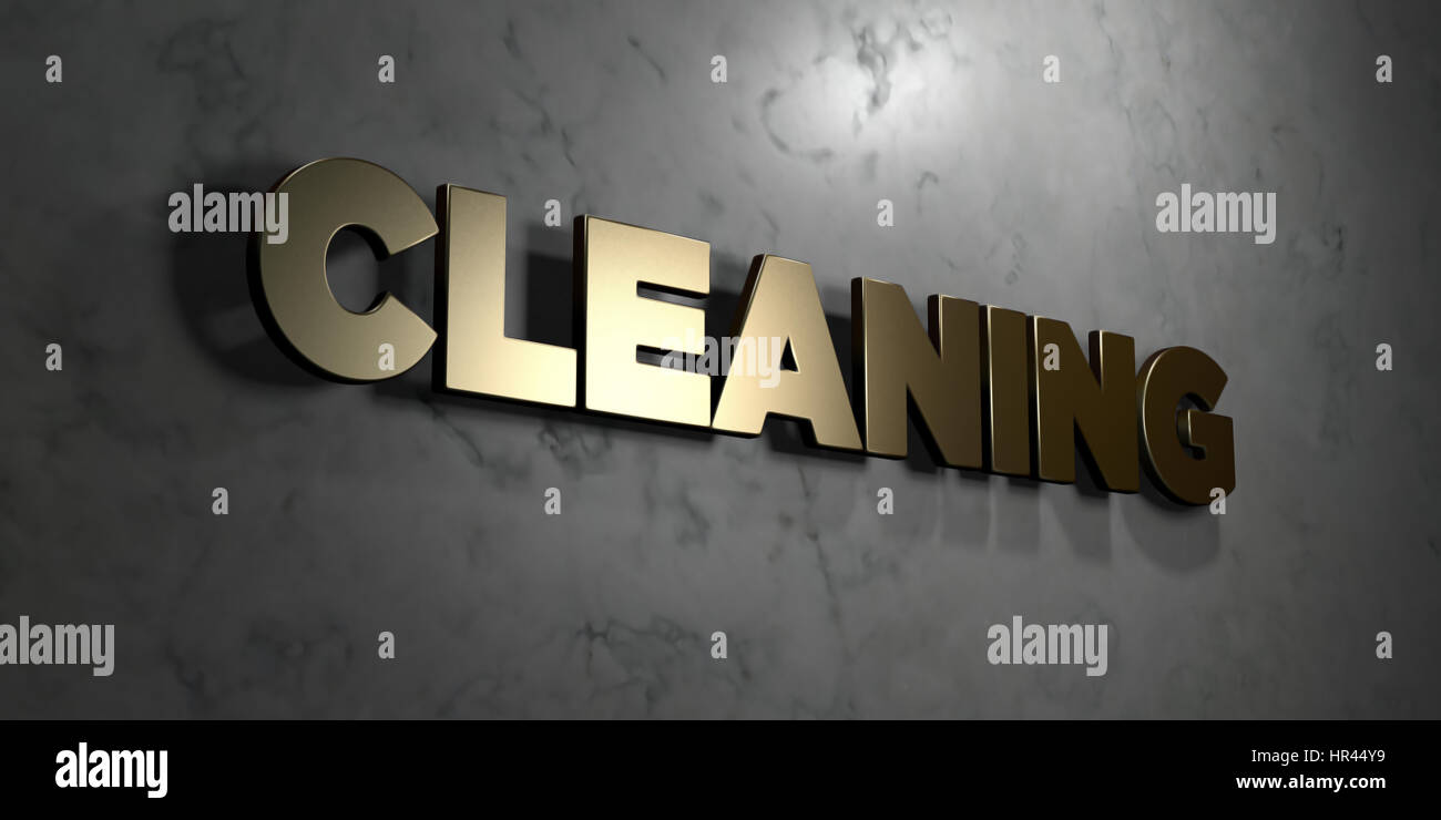 Cleaning - Gold sign mounted on glossy marble wall - 3D rendered ...