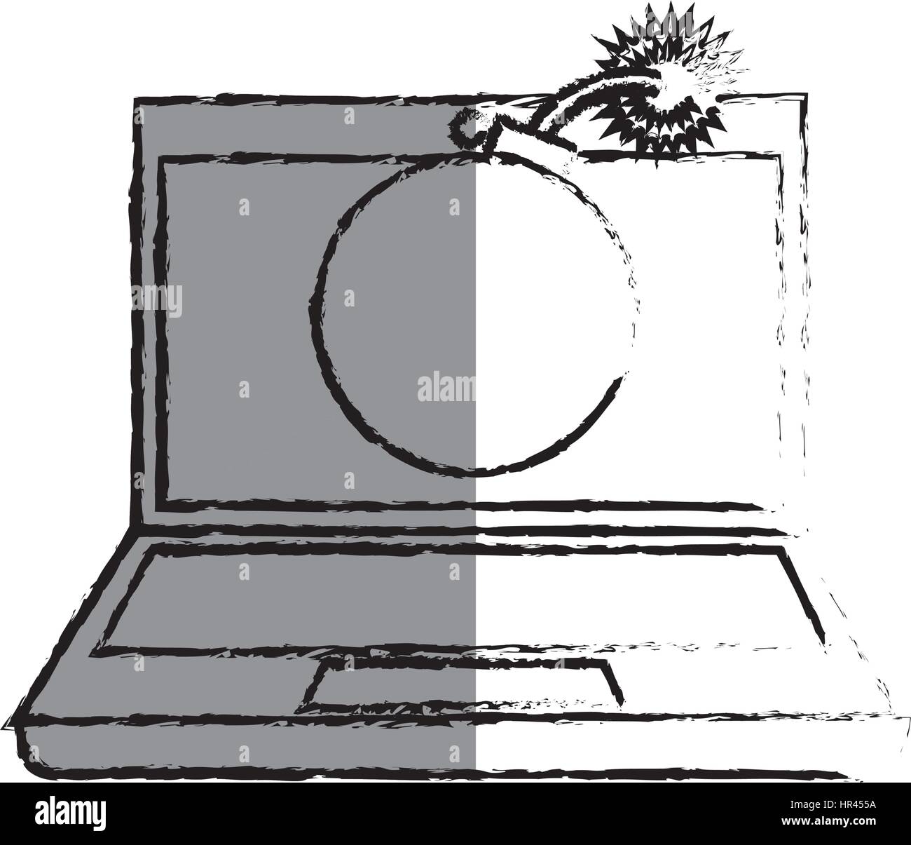 monochrome blurred contour of laptop computer with virus bomb on screen ...