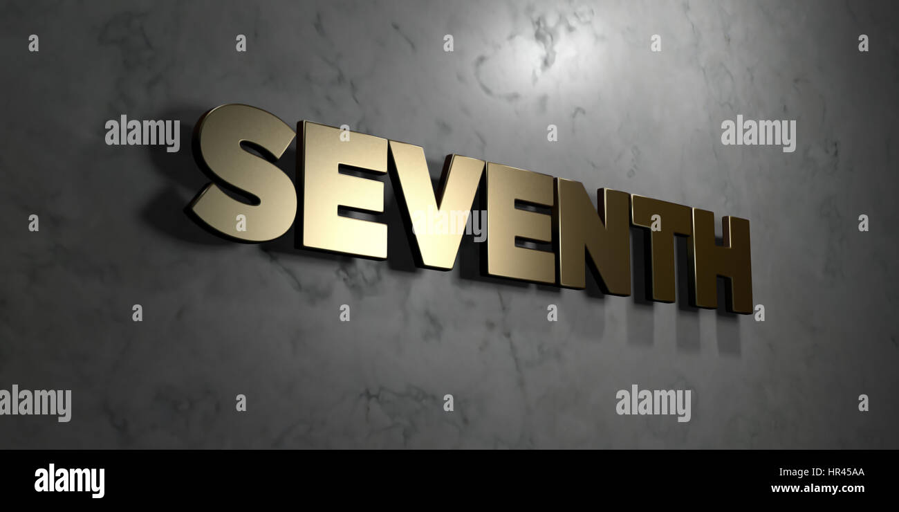 Seventh - Gold sign mounted on glossy marble wall - 3D rendered royalty ...