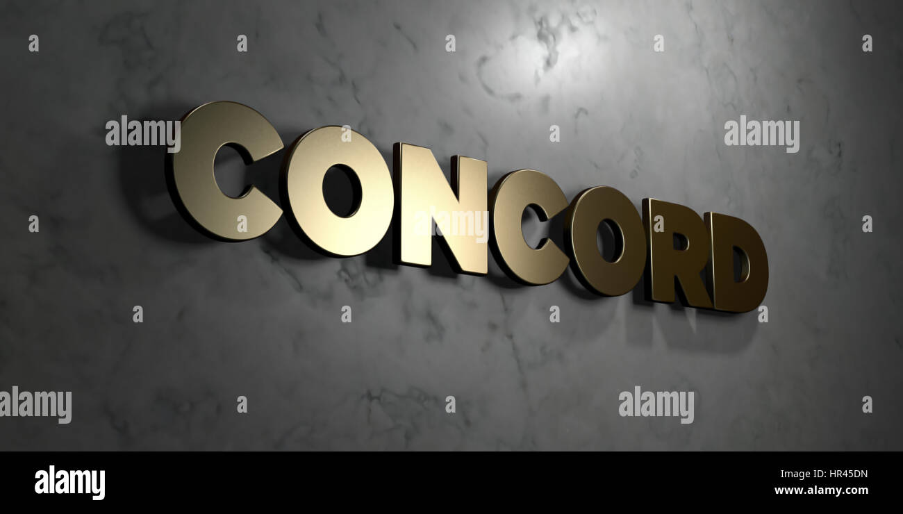 Concord - Gold sign mounted on glossy marble wall - 3D rendered royalty ...