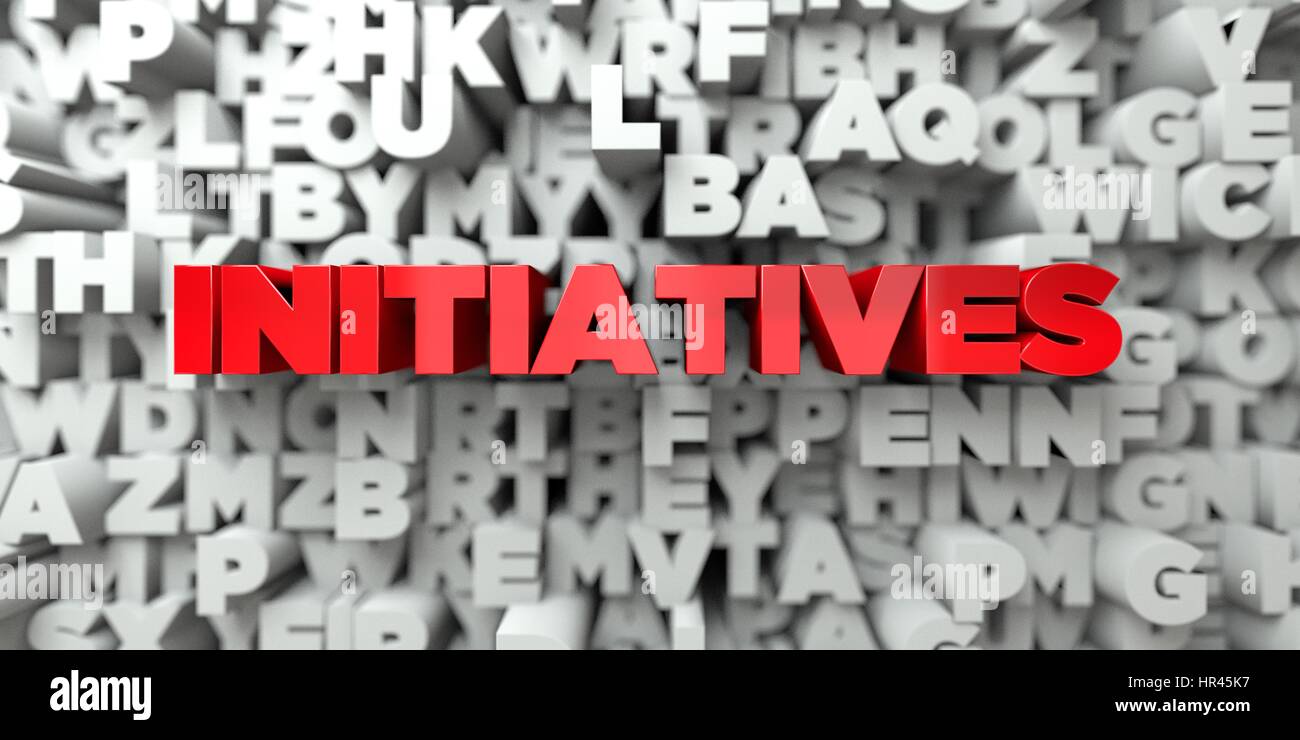INITIATIVES - Red text on typography background - 3D rendered royalty ...