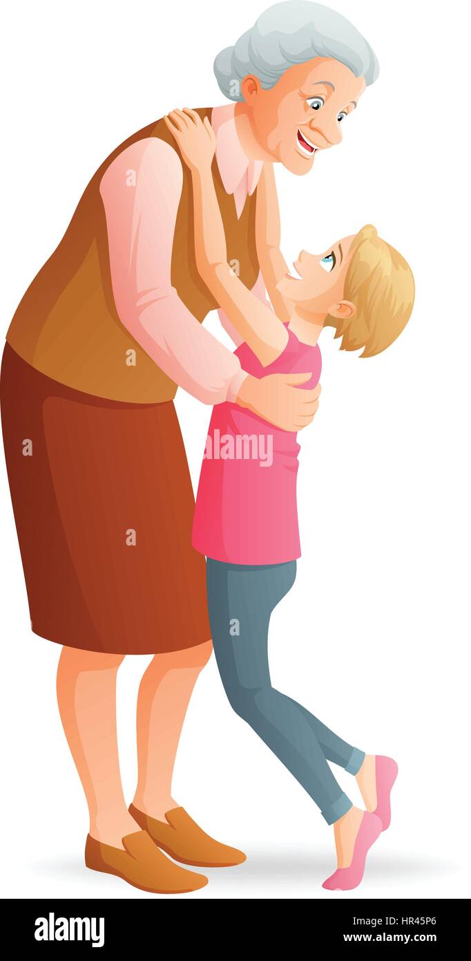 Happy Smiling Grandmother Hugging Her Granddaughter Cartoon Vector