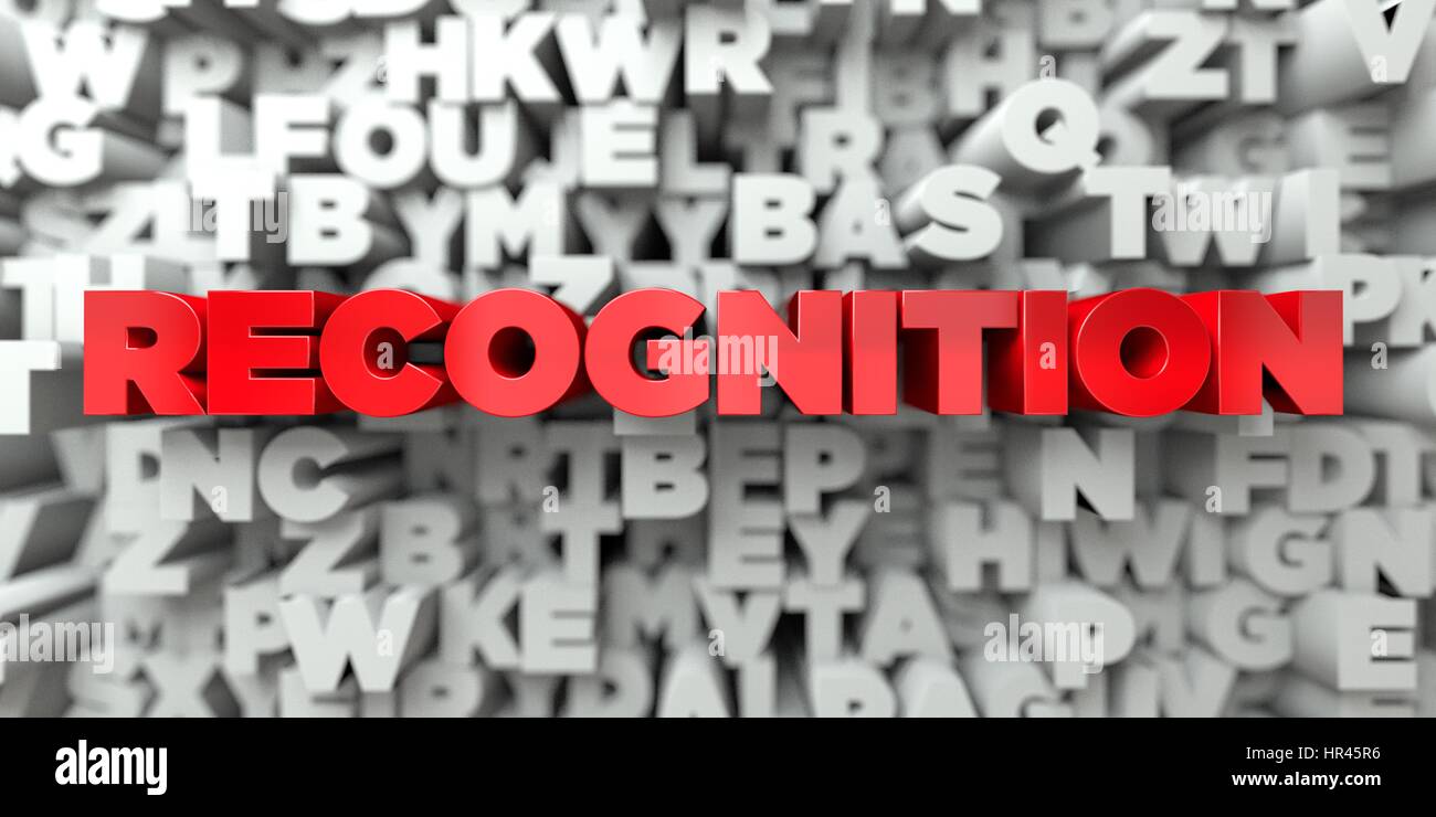 RECOGNITION - Red text on typography background - 3D rendered royalty free stock image. This ...