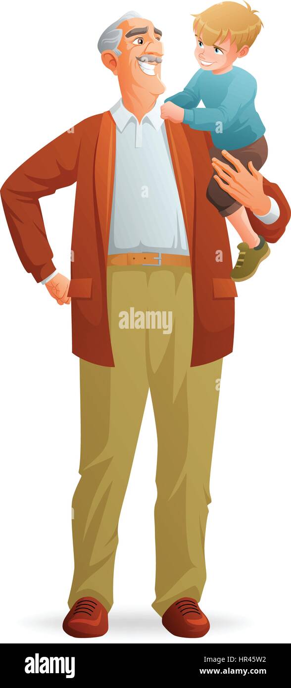 Happy smiling grandfather holding his grandson. Cartoon vector ...