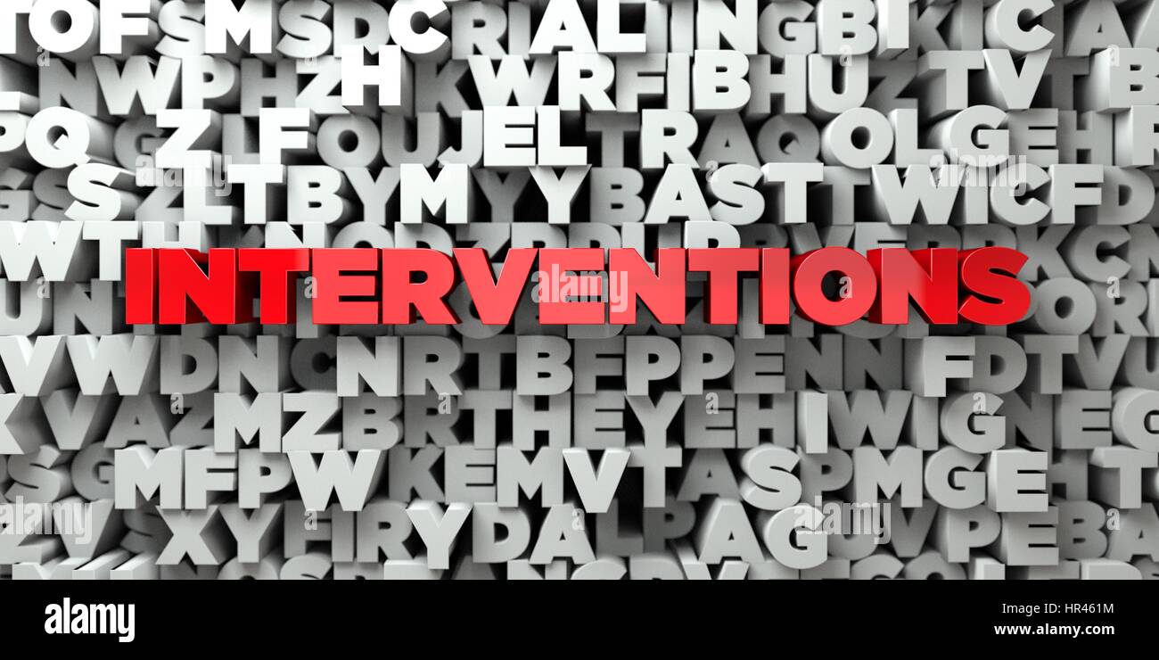 INTERVENTIONS - Red text on typography background - 3D rendered royalty ...