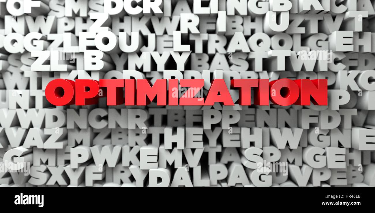 OPTIMIZATION - Red text on typography background - 3D rendered royalty ...