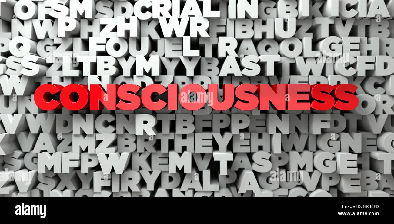 CONSCIOUSNESS - Red text on typography background - 3D rendered royalty ...