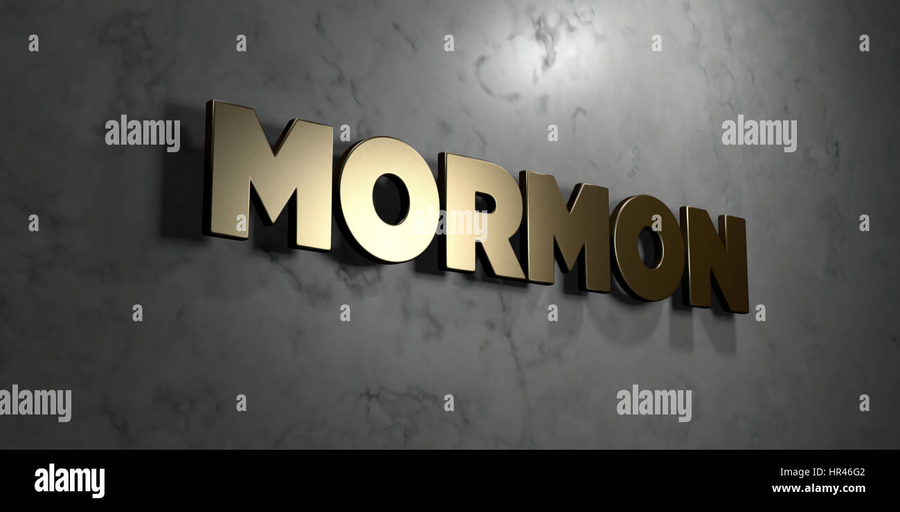 Mormon - Gold sign mounted on glossy marble wall - 3D rendered royalty ...