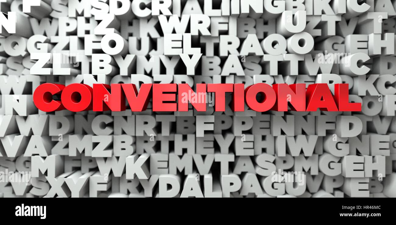 CONVENTIONAL - Red text on typography background - 3D rendered royalty ...