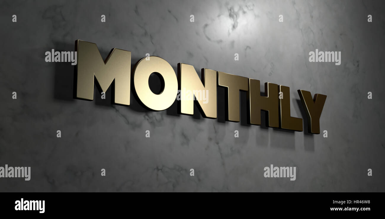 Monthly - Gold sign mounted on glossy marble wall - 3D rendered royalty ...