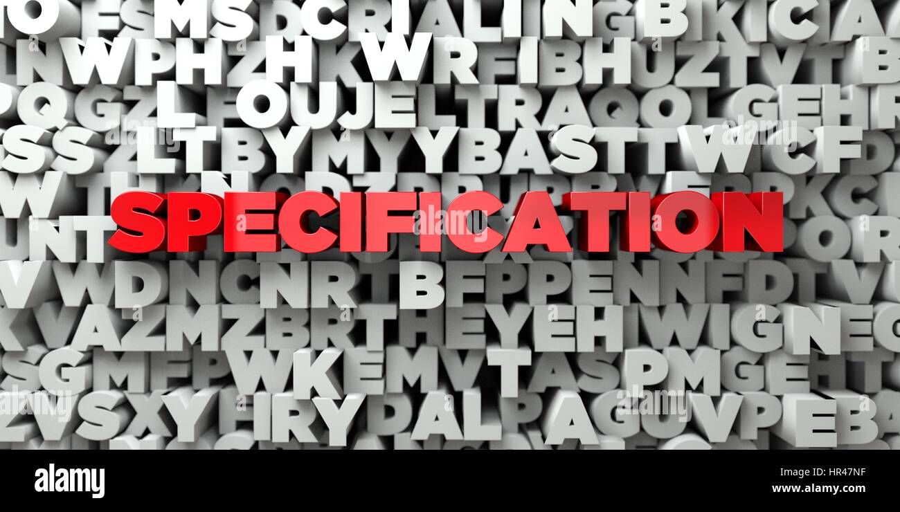 SPECIFICATION - Red text on typography background - 3D rendered royalty ...