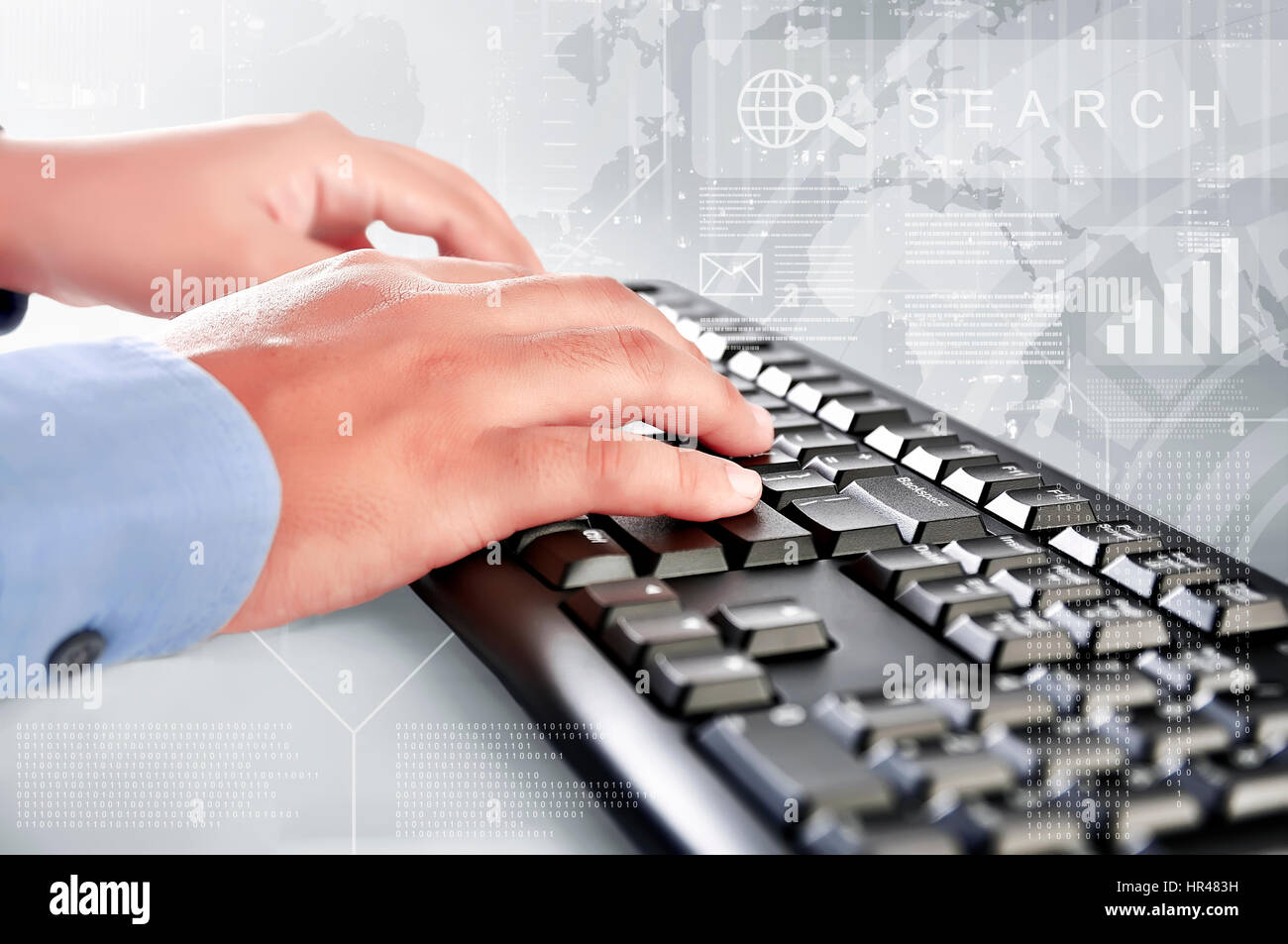 Businessman is typing on keyboard with interface virtual graph on ...