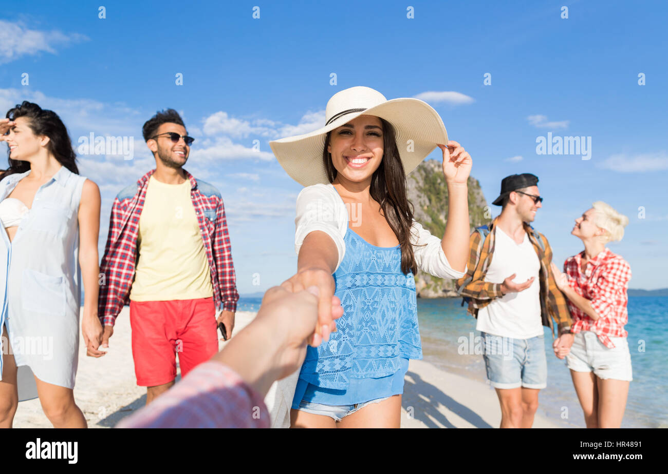 Young People Group On Beach Summer Vacation, Happy Smiling Friends ...