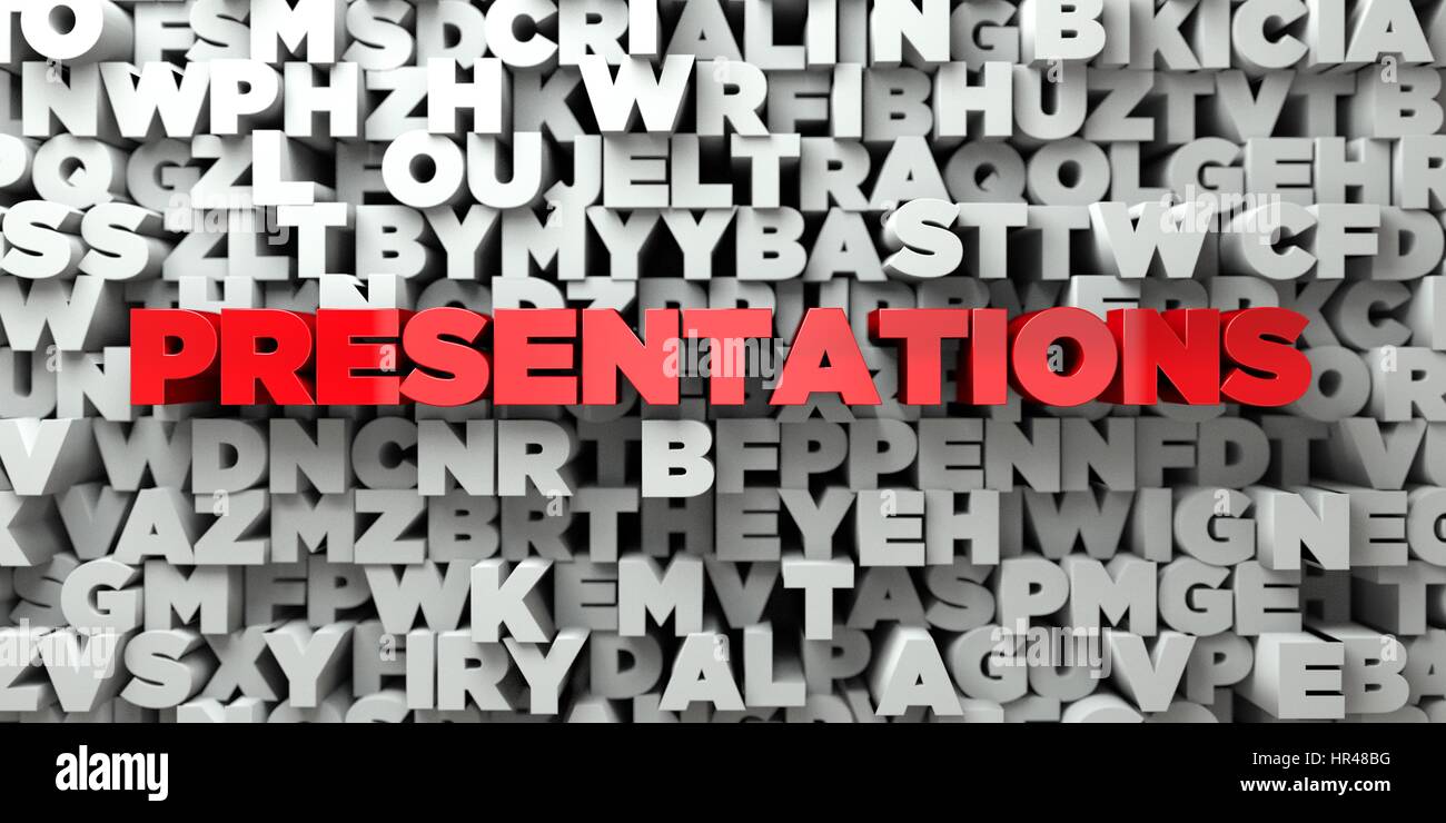 PRESENTATIONS - Red text on typography background - 3D rendered royalty ...