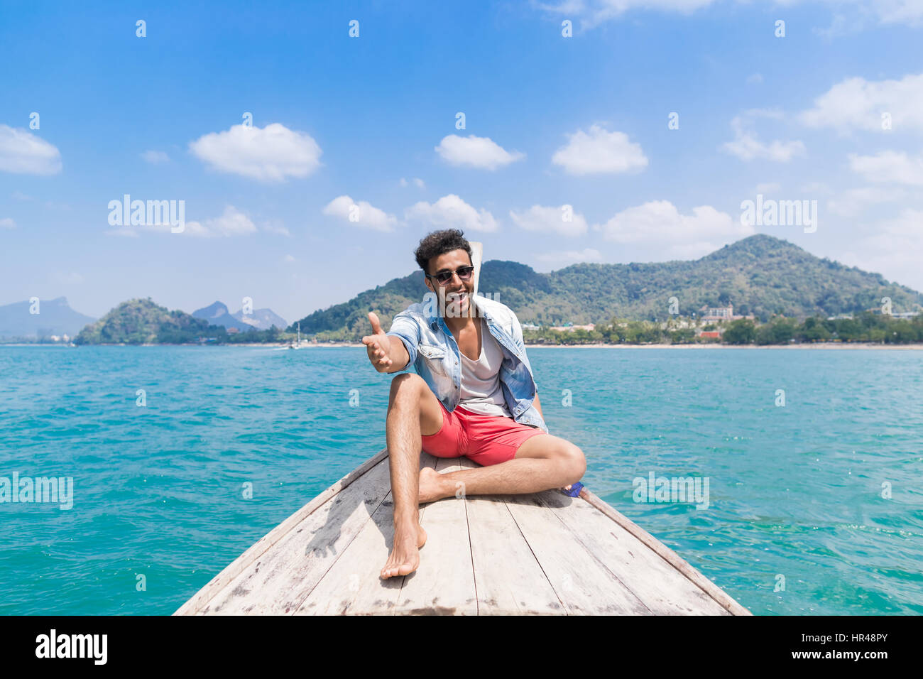 Young Man Tourist Sail Long Tail Thailand Boat Ocean Sea Vacation ...