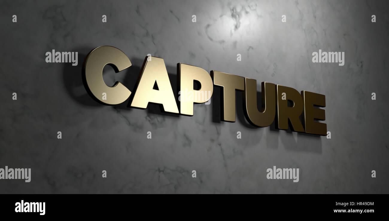 Capture - Gold sign mounted on glossy marble wall - 3D rendered royalty ...