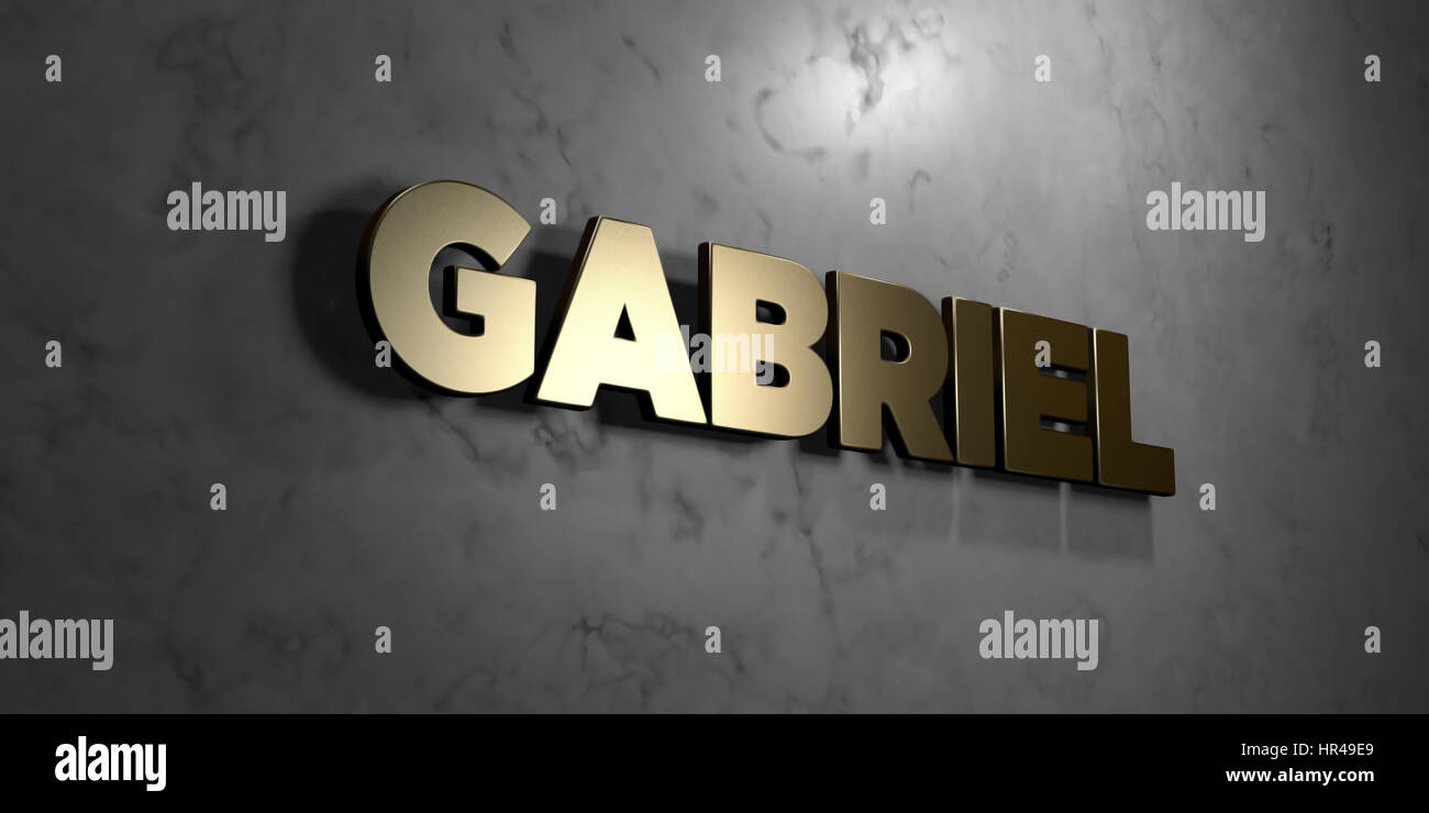 Gabriel - Gold sign mounted on glossy marble wall - 3D rendered royalty ...