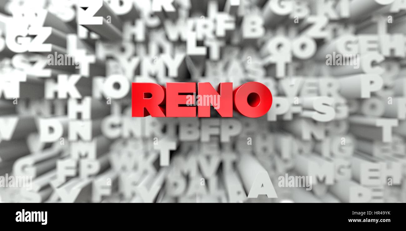 RENO - Red text on typography background - 3D rendered royalty free ...