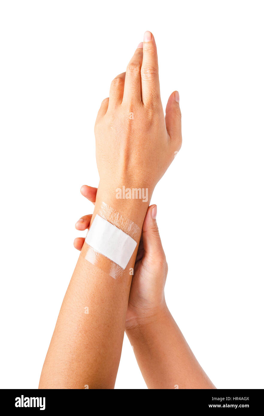 Adhesive bandage with transparent waterproof on hand wooman. Isolated ...