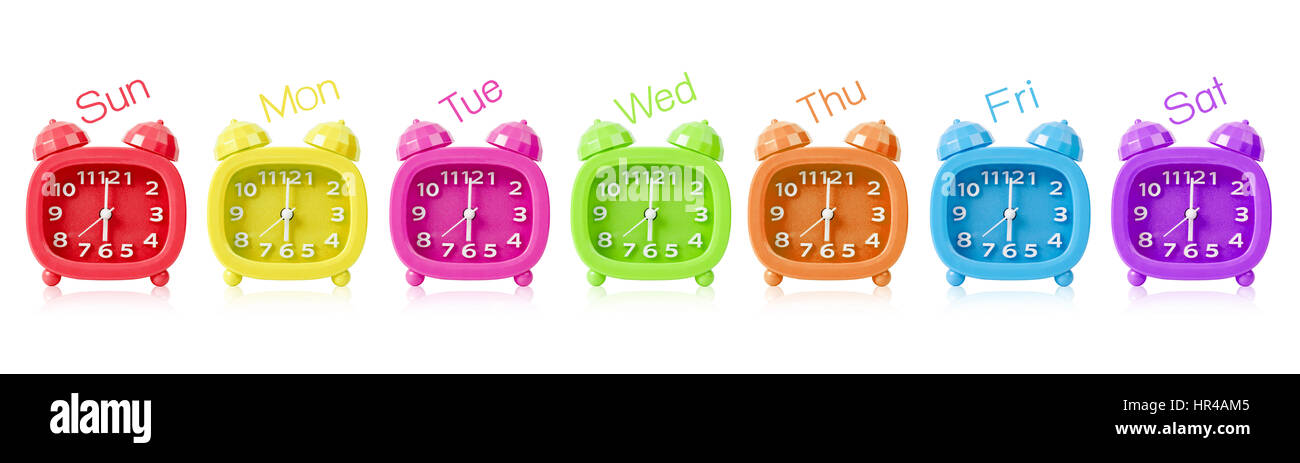 Row of many colorful alarm clock isolated on white background Stock ...