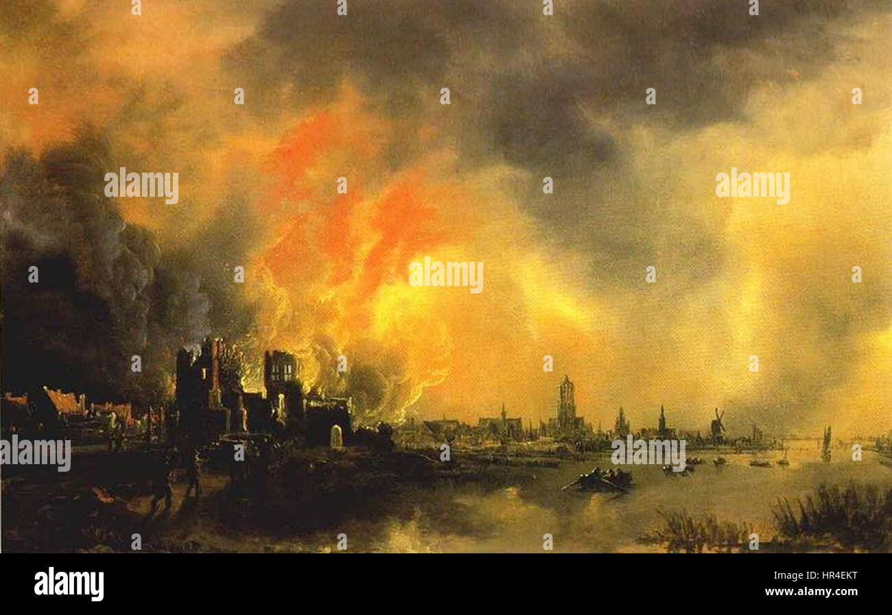 'Burning Castle' by Neer is a dramatic landscape painting showing a ...