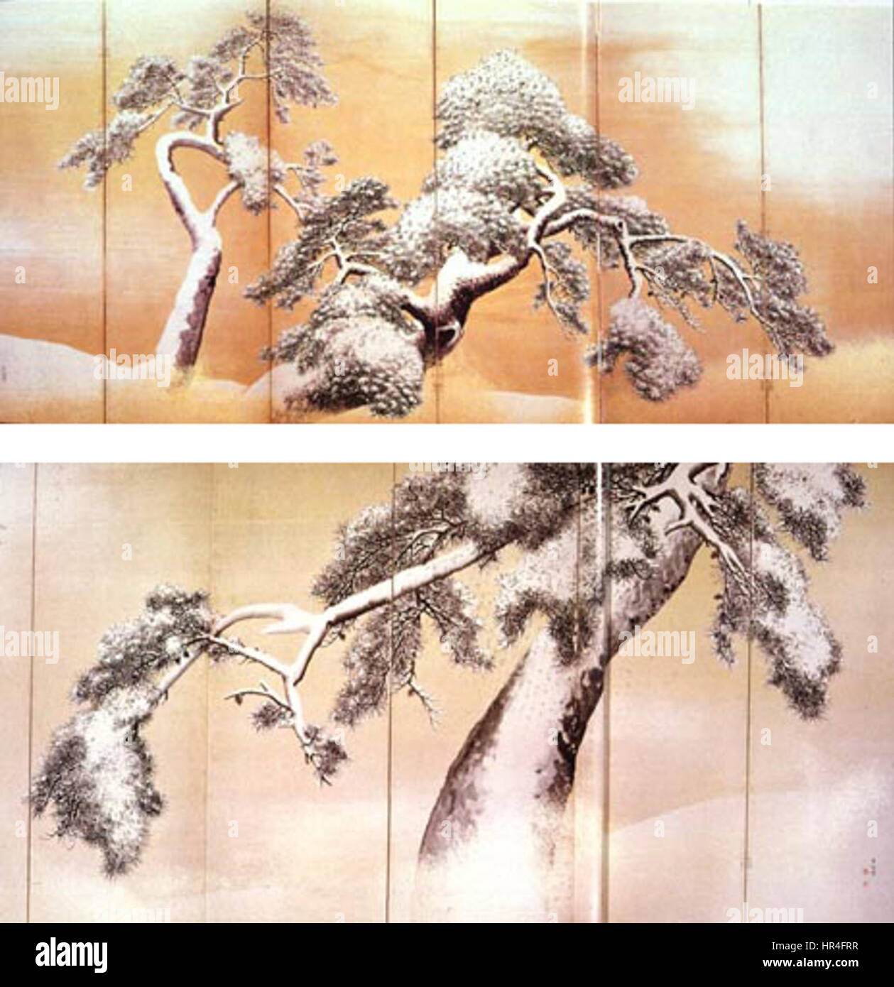 A serene landscape painting by Okyo, featuring pine trees against a ...