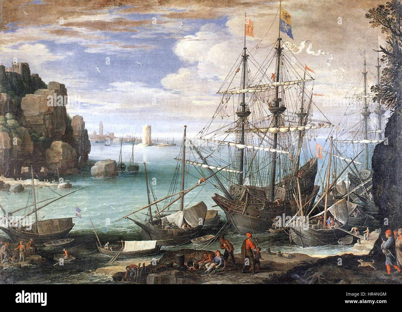 Paul Bril’s 'View of a Port' is a detailed landscape painting depicting ...
