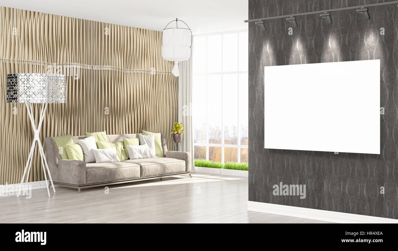 Modern interior with empty frame . 3D rendering Stock Photo - Alamy