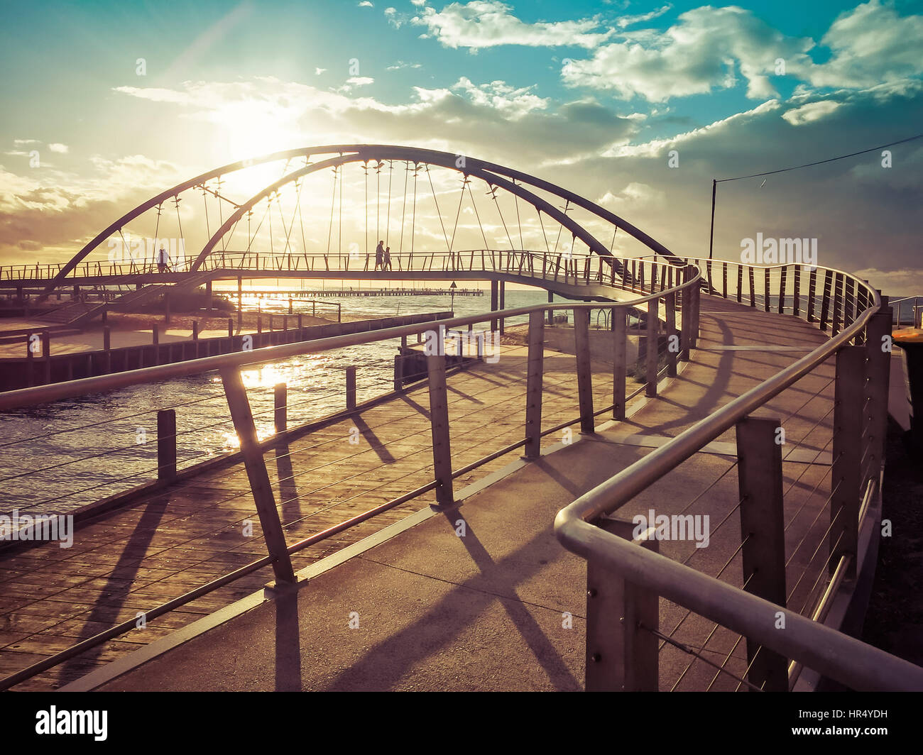 People walking on the iconic footbridge in Frankston, Melbourne ...