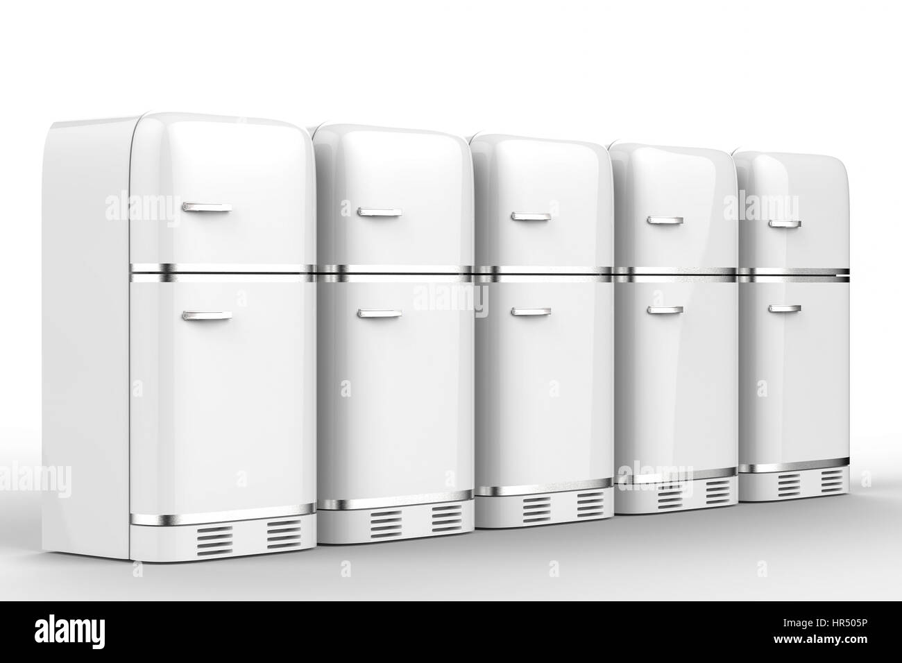 3d rendering retro design fridges in a row Stock Photo - Alamy