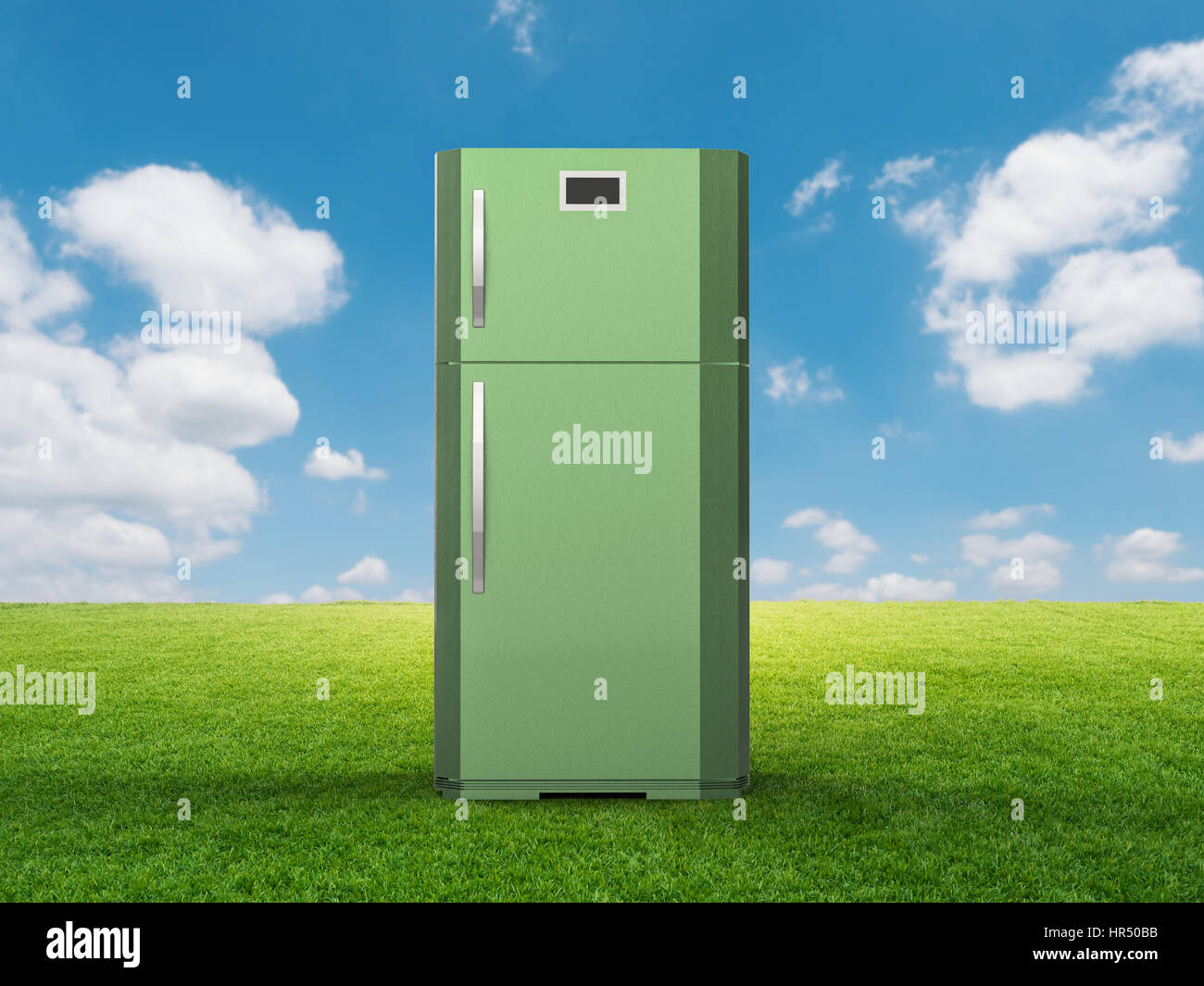 3d rendering green refrigerator on green field and blue sky Stock Photo ...
