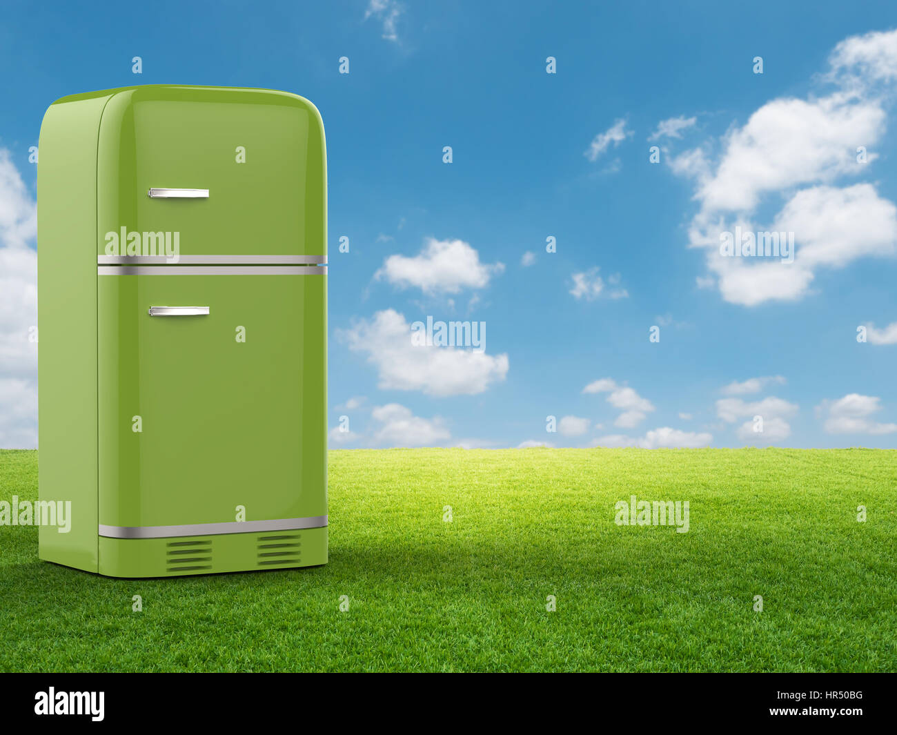 3d rendering green refrigerator on green field and blue sky Stock Photo ...