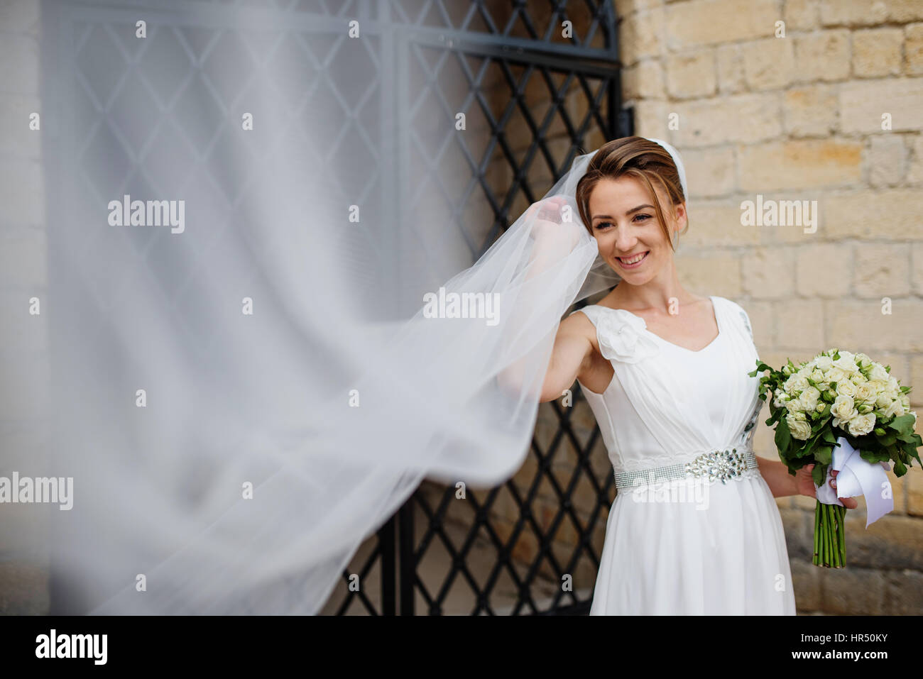 Bride with long veil near old wrought iron gates Stock Photo - Alamy