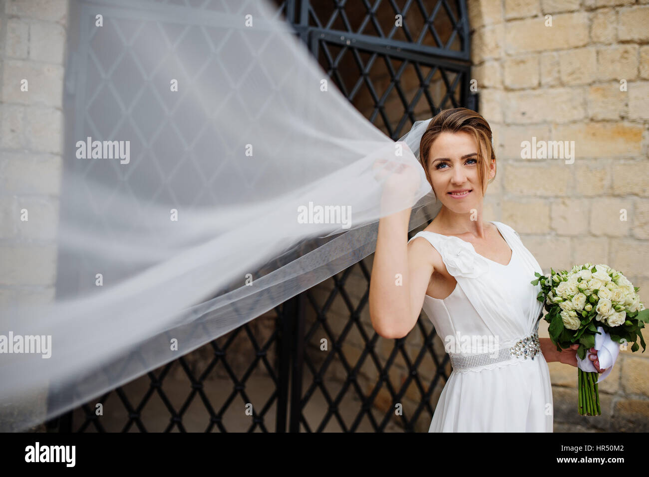 Bride with long veil near old wrought iron gates Stock Photo - Alamy