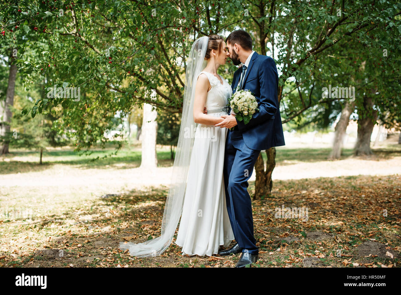 Wedding couple stay under tree at green park Stock Photo - Alamy