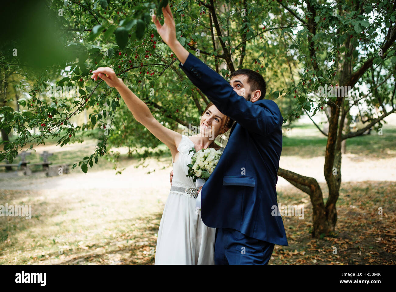 Wedding couple stay under tree at green park Stock Photo - Alamy